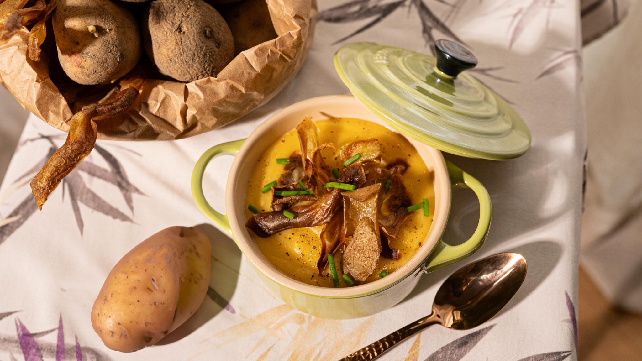 Roasted Potato Skin Soup with Crispy Potato Peel Chips - Food for Soul